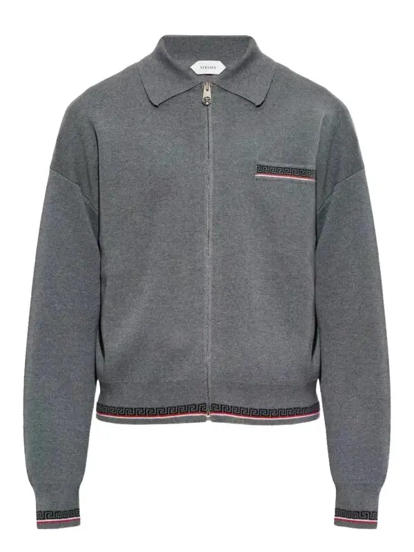 Versace Jacquard Wool Knit Zip Sweater - Grey