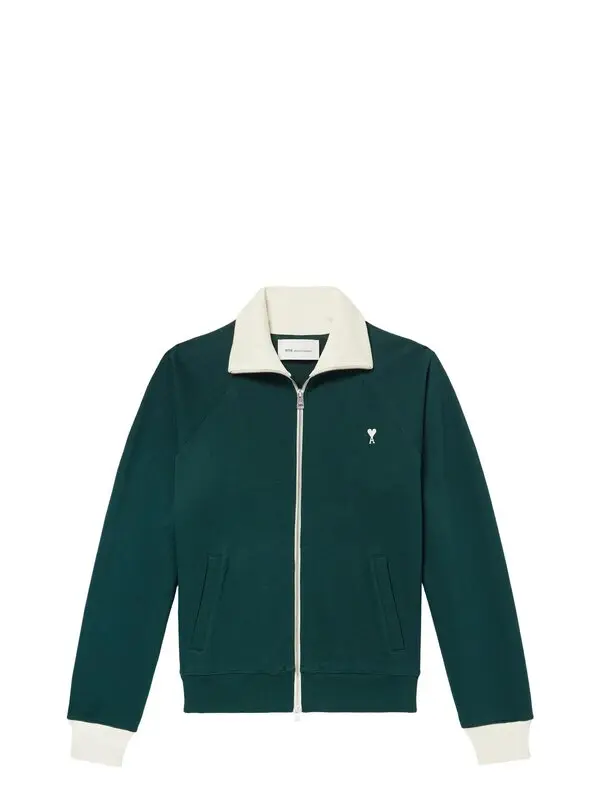 AMI Paris Logo-embroidered Cotton-jersey Zip-up Sweatshirt - Green