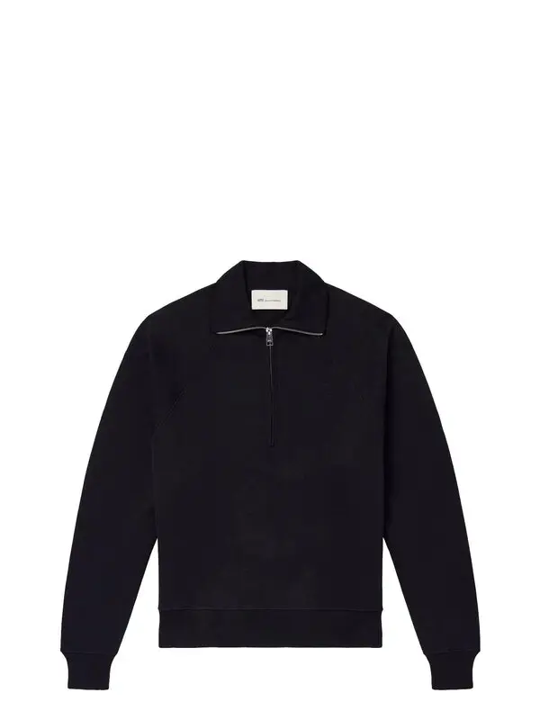 AMI Paris Logo-embroidered Cotton-jersey Half-zip Sweatshirt - Black