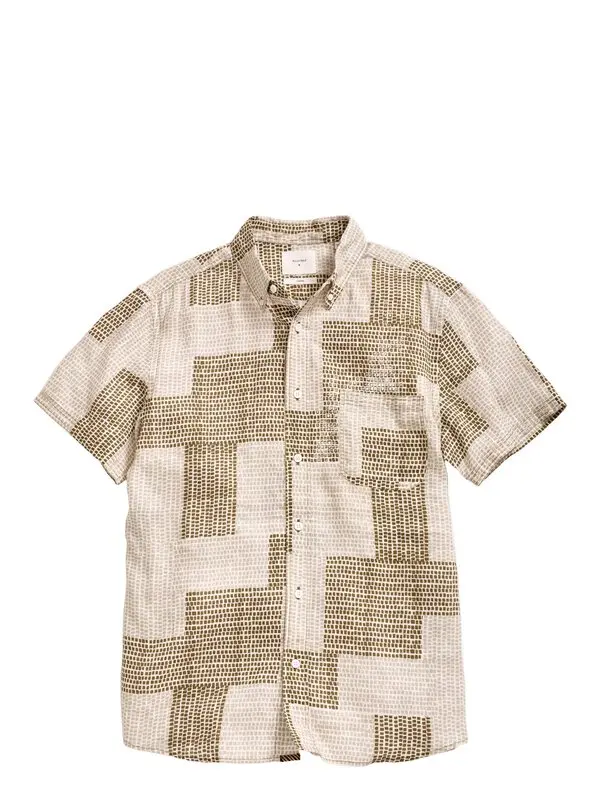 Billy Reid Short Sleeve Brick Patchwork Tuscumbia Shirt Button Down - Olive Multi