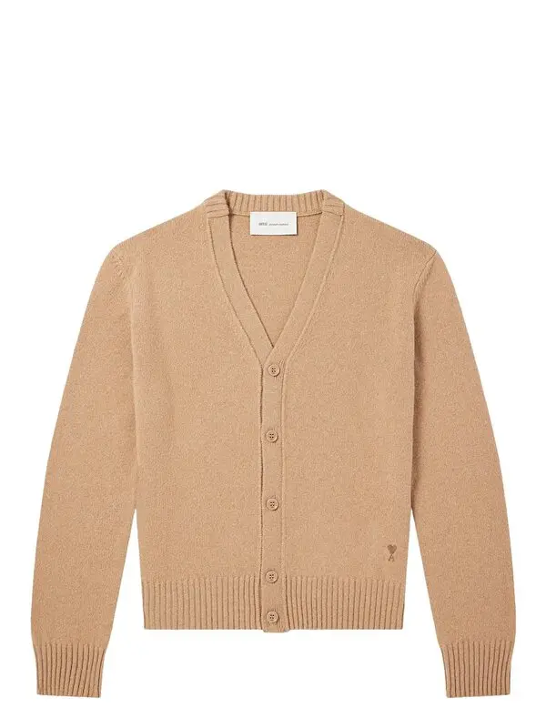 AMI Paris Logo-embroidered Cashmere And Wool-blend Cardigan - Brown