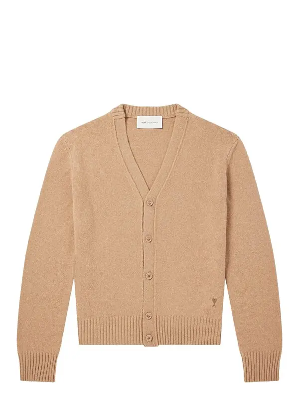 AMI Paris Logo-embroidered Cashmere And Wool-blend Cardigan - Tan