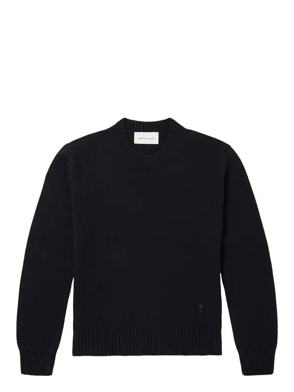 AMI Paris Logo-embroidered Cashmere And Wool-blend Sweater - Black