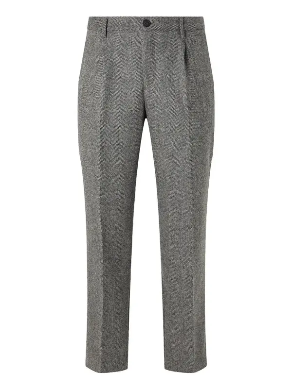 Portuguese Flannel Straight-leg Pleated Wool Herringbone Trousers - Gray