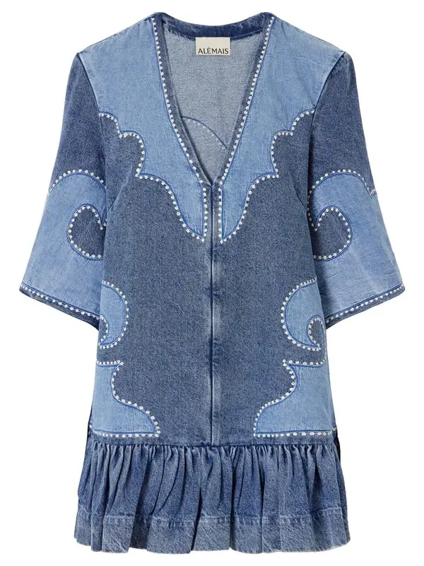 ALEMAIS Jesse Ruffled Embroidered Denim Mini Dress - Blue