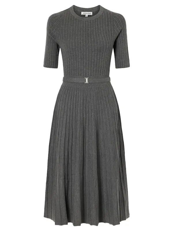 Veronica Beard Elthea Belted Pleated Ribbed-knit Midi Dress - Gray