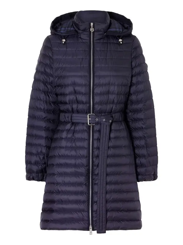Burberry Hooded Belted Quilted Shell Coat - Navy