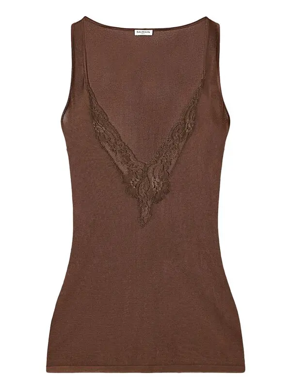 Balmain Lace-trimmed Knitted Tank - Brown