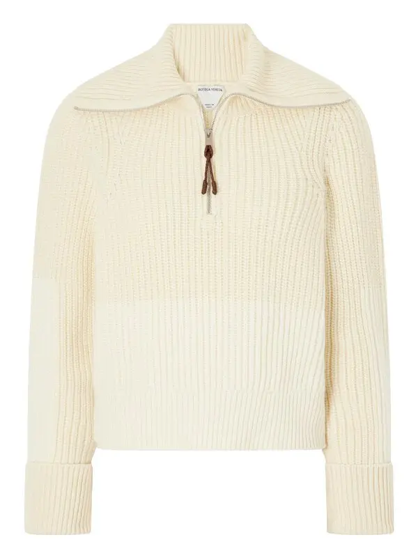 Bottega Veneta Leather-trimmed Ribbed Wool Turtleneck Sweatshirt - Neutrals