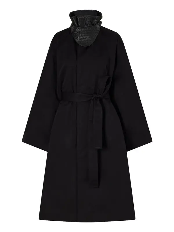Bottega Veneta Belted Intrecciato Leather-trimmed Cotton-gabardine Coat - Black