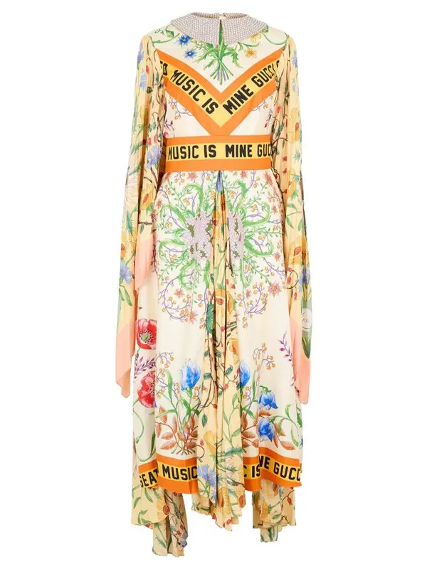 Gucci Floralslogan Print Asymmetric Midi Dress - No