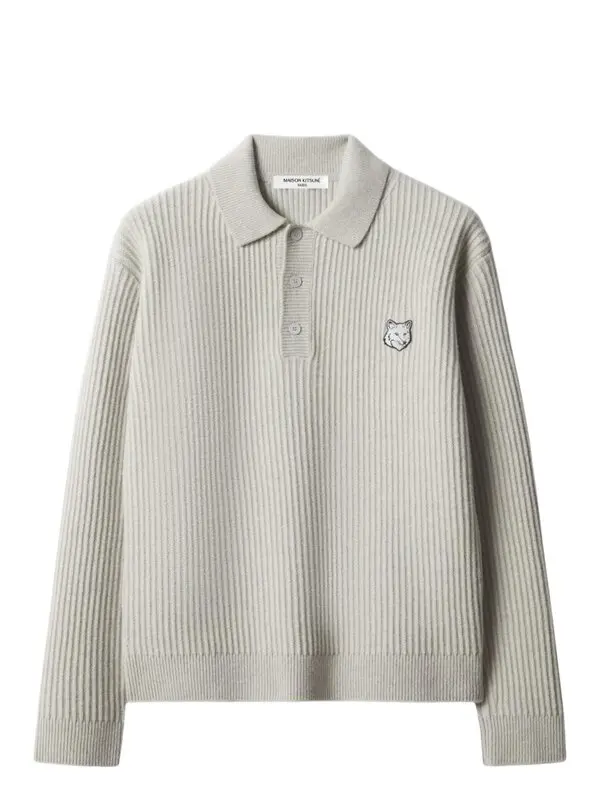 Maison Kitsuné Long-sleeved Knit Polo Shirt - Light Gray