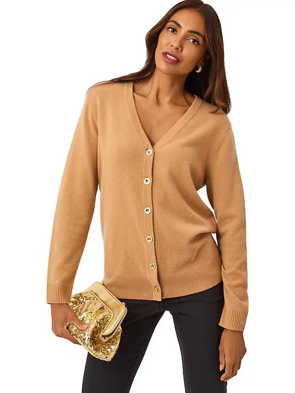 Lilly Pulitzer® Tippery Longer Length Cashmere Cardigan In Long Sleeves, V-neck - Iced Latte