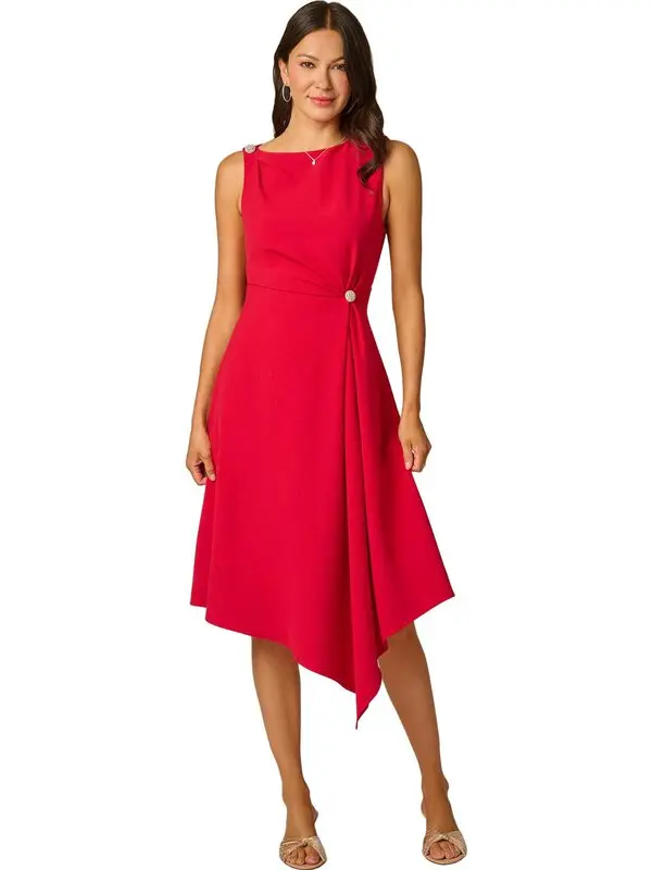 Adrianna Papell Asymmetrical Brooch Draped Midi Dress - Red