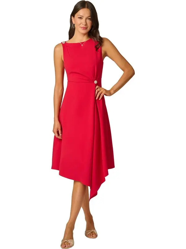 Adrianna Papell Asymmetrical Brooch Draped Midi Dress - Red