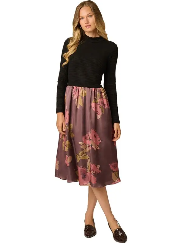Adrianna Papell Long Sleeve Floral Satin Amelia Midi Dress - Mocha Multi
