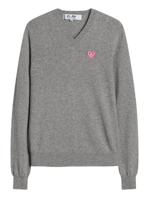 Play Comme Des Garcon Pink Heart V Neck Jumper - Grey