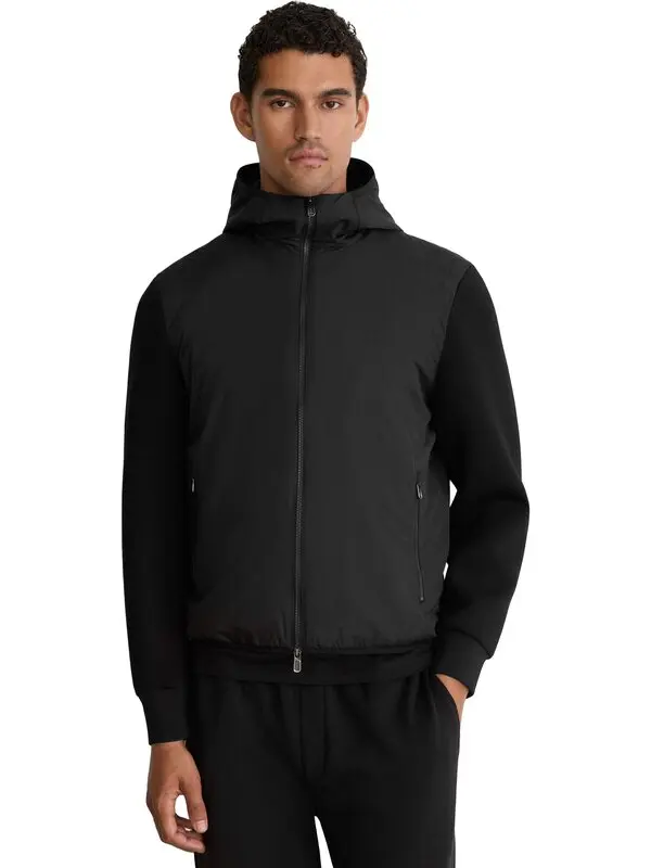 REISS Shiels Interlock Hybrid Zip-through Hooded Jacket - Black