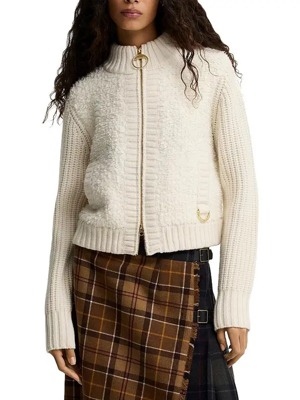Barbour Hazelwood Knitted Sherpa Fleece Bomber Jacket - Ecru