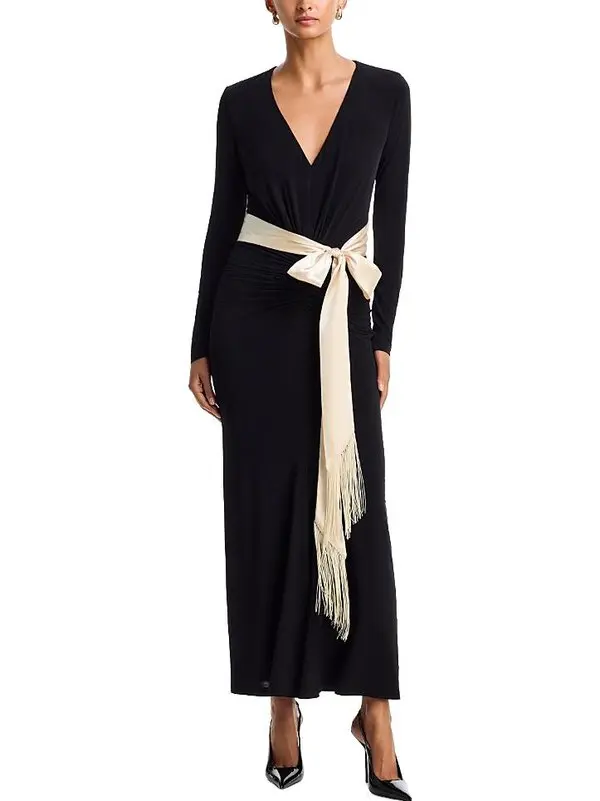 Aqua Satin Sash Ruched Maxi Dress Exclusive - Black