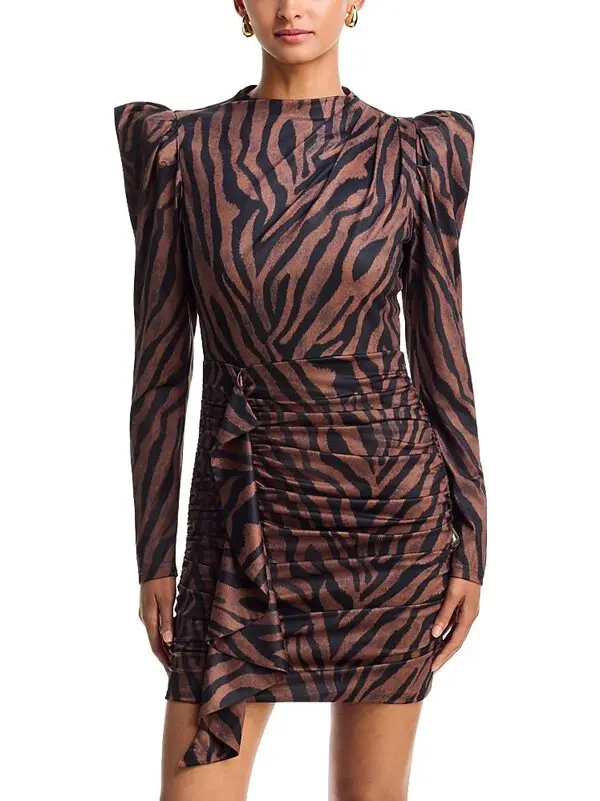 Aqua Ziger Puffed Shoulder Mini Dress Exclusive - Brown Multi