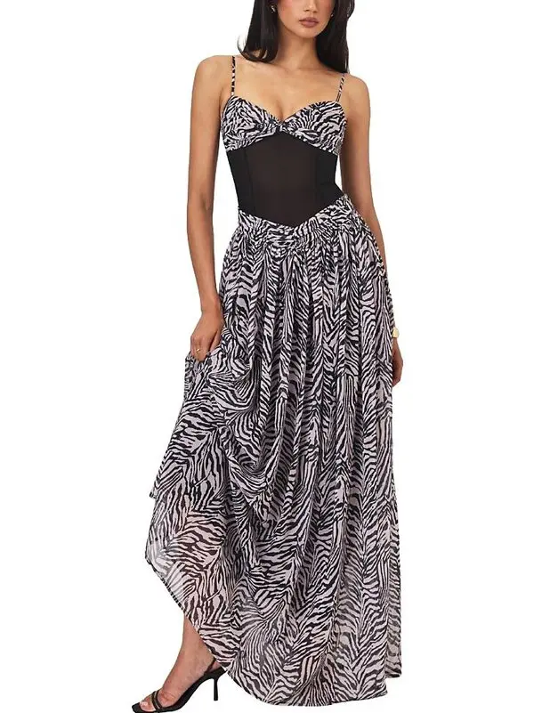 MISS CIRCLE NEW YORK Onora Chiffon Dipped Waist Maxi Dress - Zebra Print