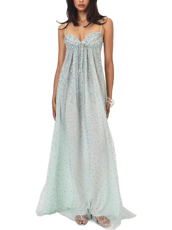 MISS CIRCLE NEW YORK Wallie Rhinestone Embellished Mesh Backless Gown - Mint