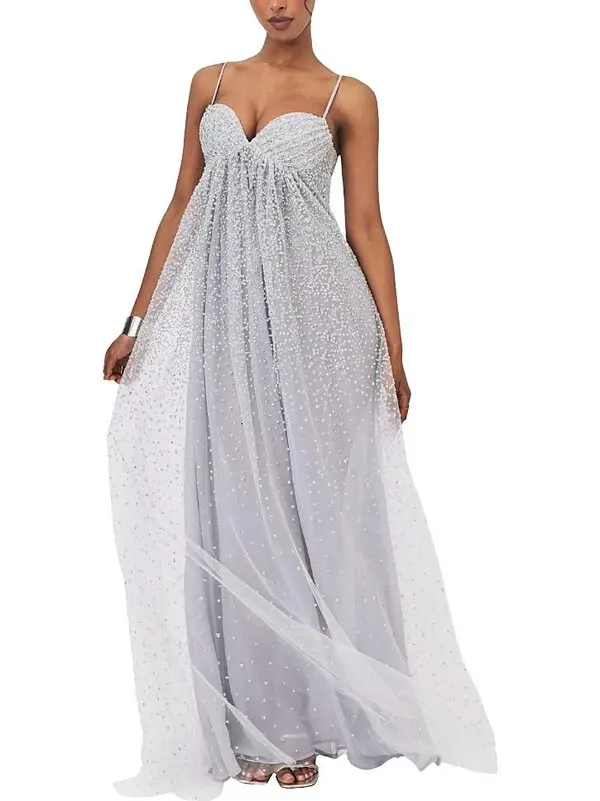 MISS CIRCLE NEW YORK Wallie Rhinestone Embellished Mesh Backless Gown - Silver