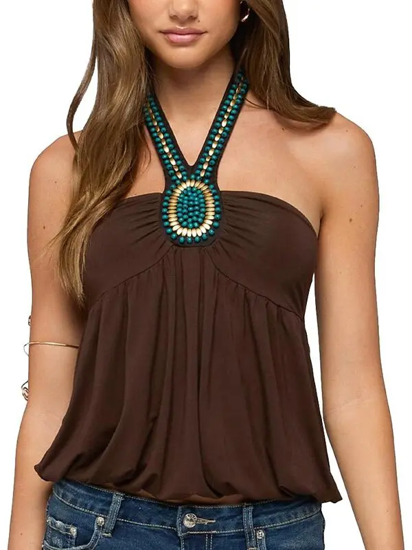 EDIKTED Polie Beaded Bubble Jersey Halter Top - Brown