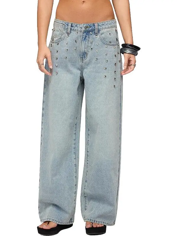 EDIKTED Oaklee Studded Low Rise Baggy Jeans - Blue-washed