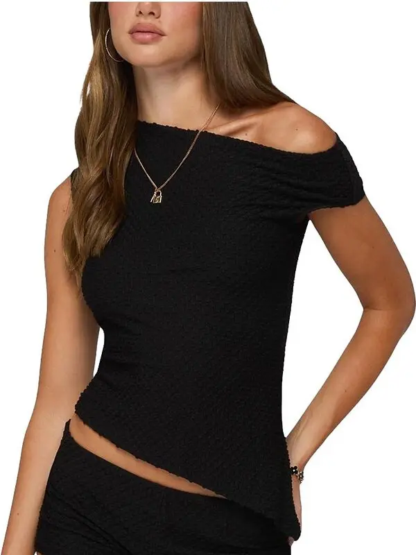 EDIKTED Atile Asymmetric Off Shoulder Textured Top - Black