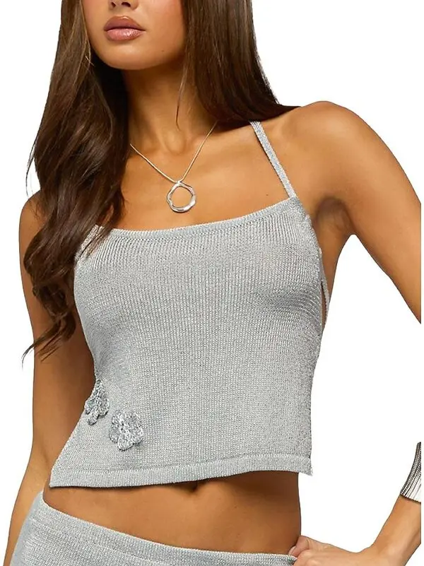 EDIKTED Teagyn Backless Metallic Knit Top - Silver
