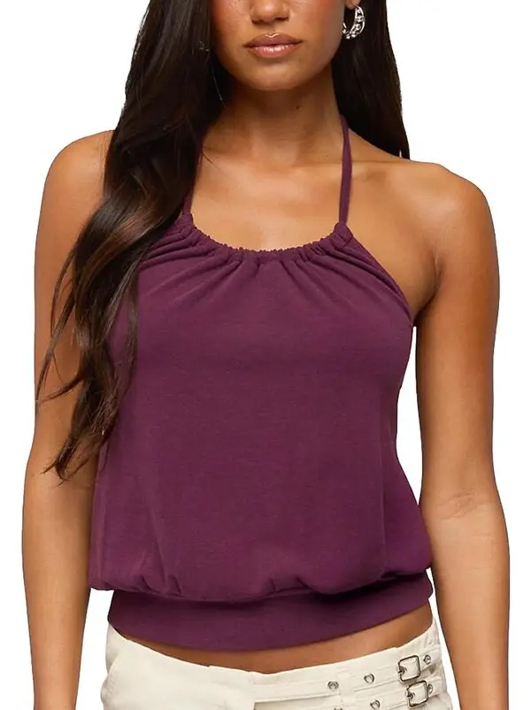 EDIKTED Bondi Cinched Waist Halter Top - Plum