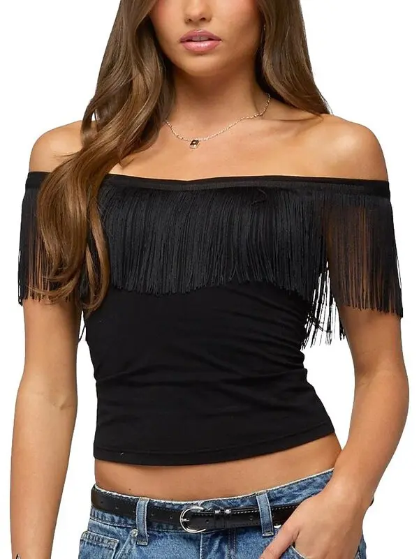 EDIKTED Catelina Fringe Off Shoulder Top - Black