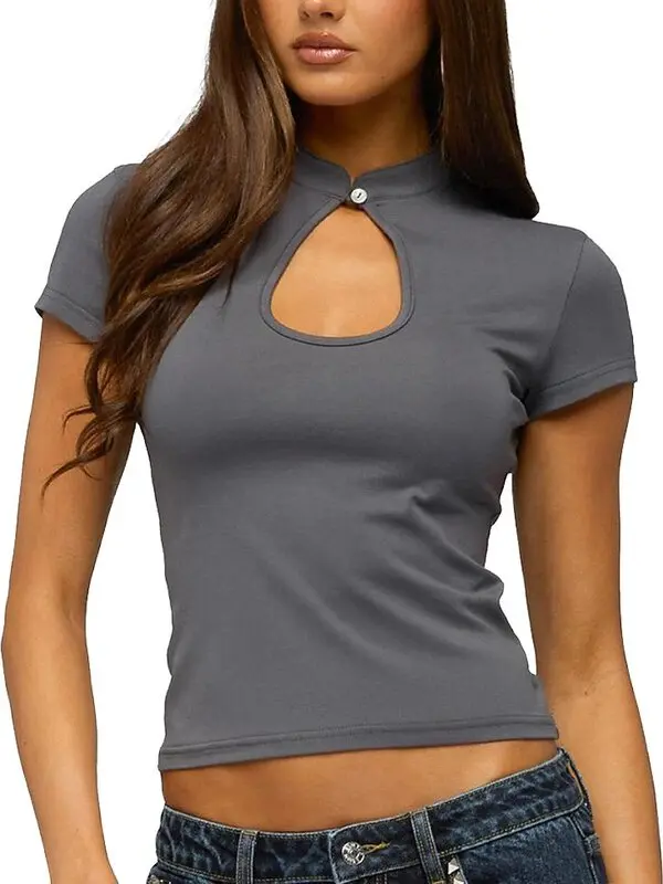 EDIKTED Magnus High Neck Keyhole Top - Gray