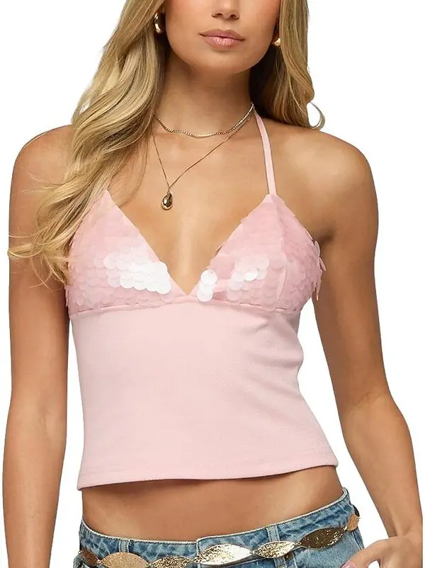 EDIKTED Katelyn Sequin Halter Top - Light-pink