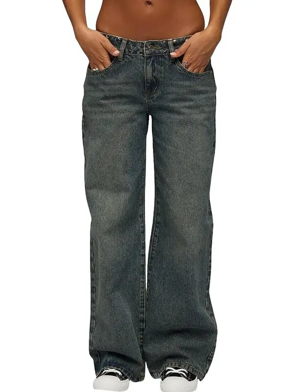 EDIKTED Nyc Studded Low Rise Baggy Jeans - Blue-washed
