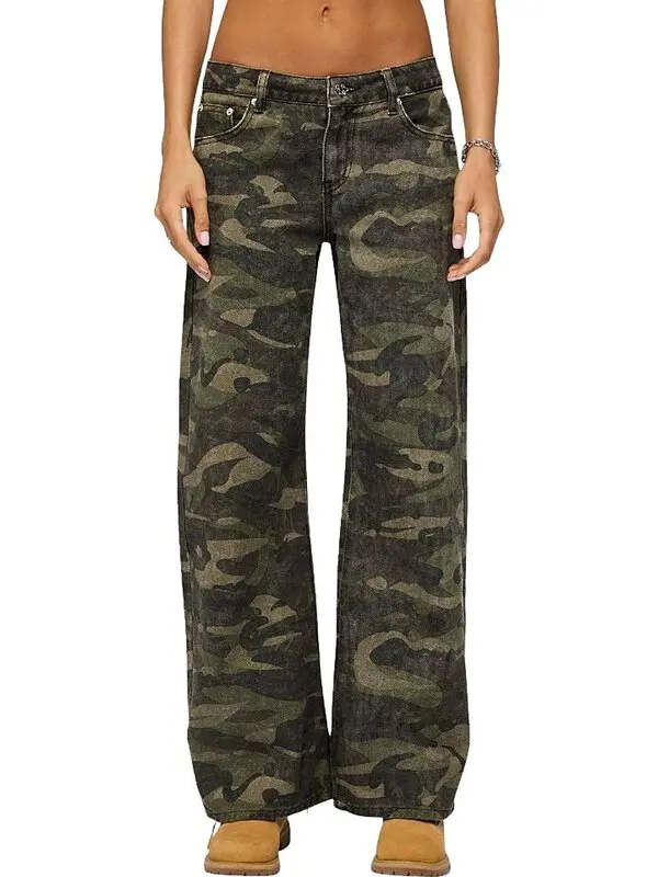 EDIKTED Soya Camo Low Rise Baggy Jeans - Olive-washed