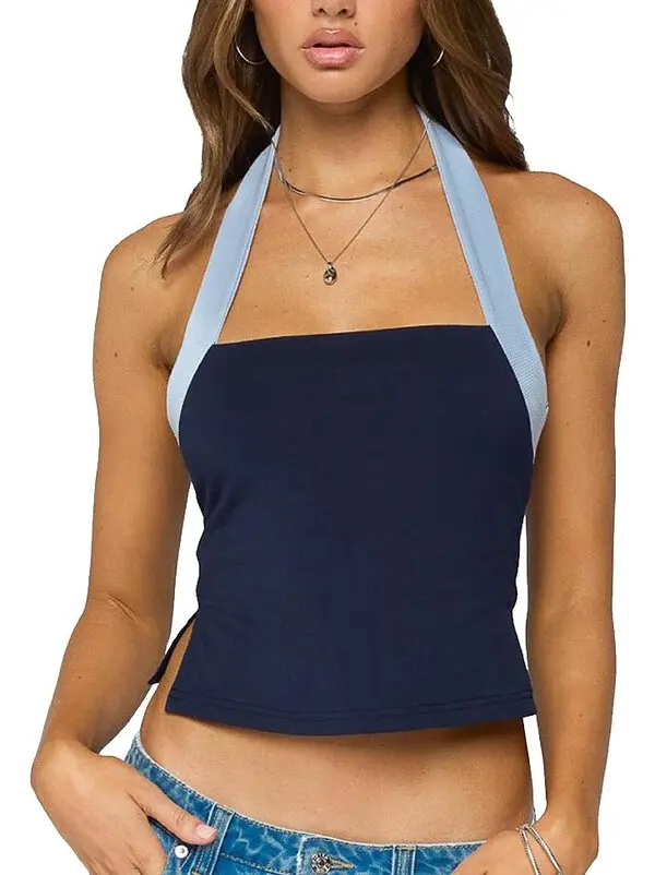EDIKTED Tanna Contrast Halter Top - Navy