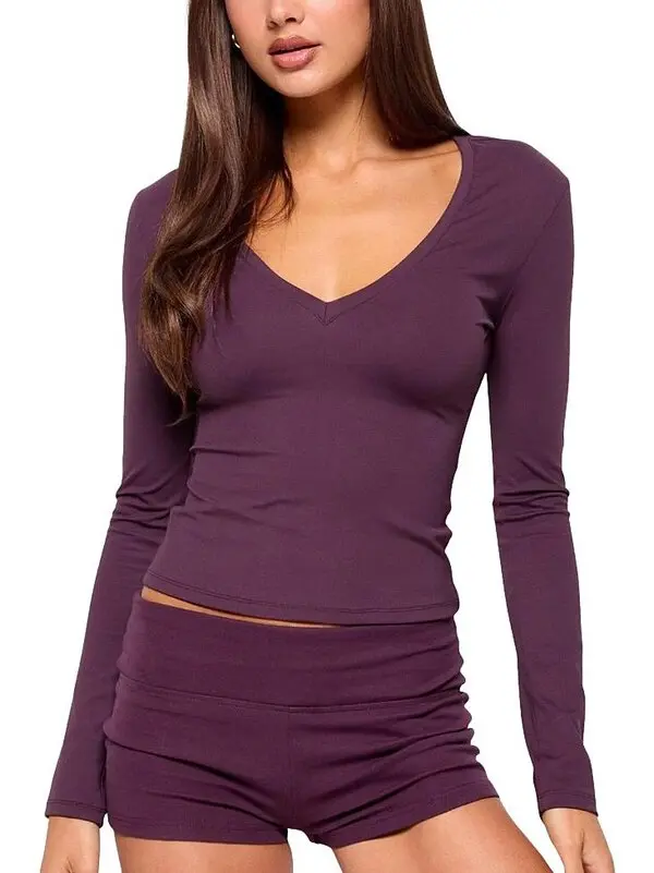 EDIKTED Ferne Long Sleeve V Neck Top - Plum