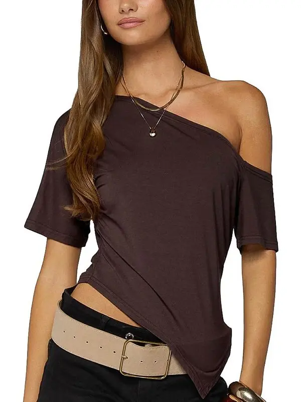 EDIKTED Elori Asymmetric Off Shoulder Top - Brown