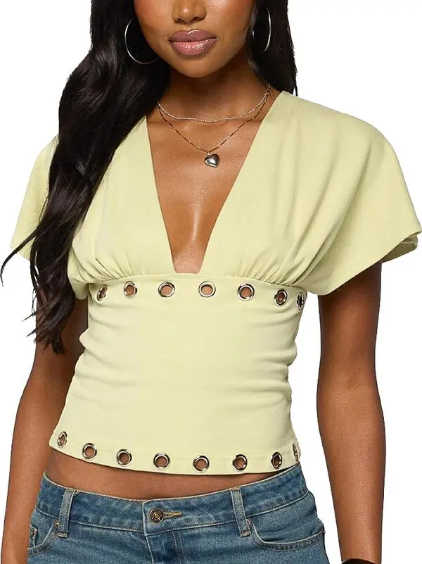 EDIKTED Isi Grommet Flutter Plunge Neck Top - Green