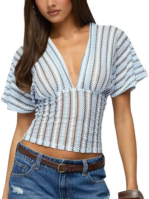EDIKTED Alwyn Flutter Crochet Zigzag Top - Light-blue