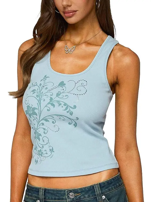 EDIKTED Veila Rhinestone Ribbed Graphic Tank Top - Light-blue