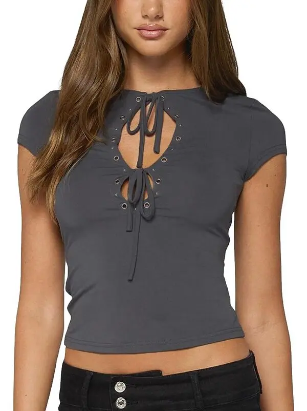 EDIKTED Aaron Stud & Grommet Cutout Top - Dark-gray