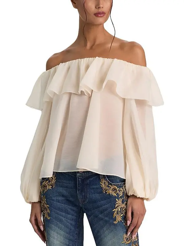 Alice + Olivia Alta Off-the-shoulder Ruffled Top - Chino
