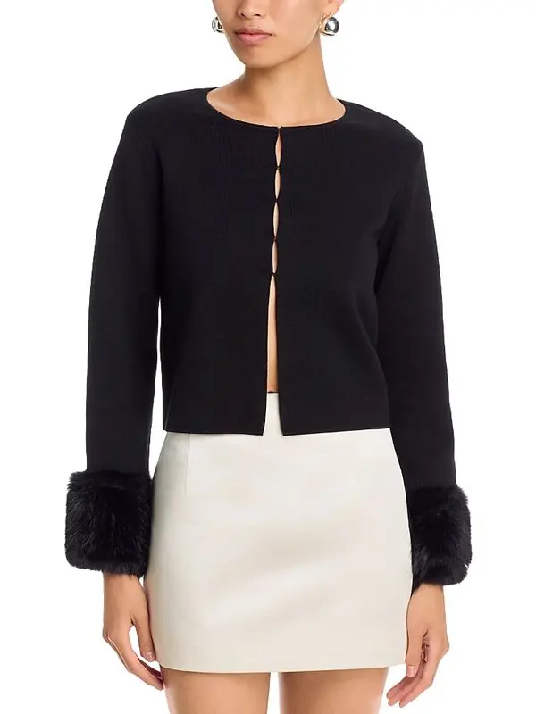 Aqua Faux Fur Trim Knit Cardigan Exclusive - Black