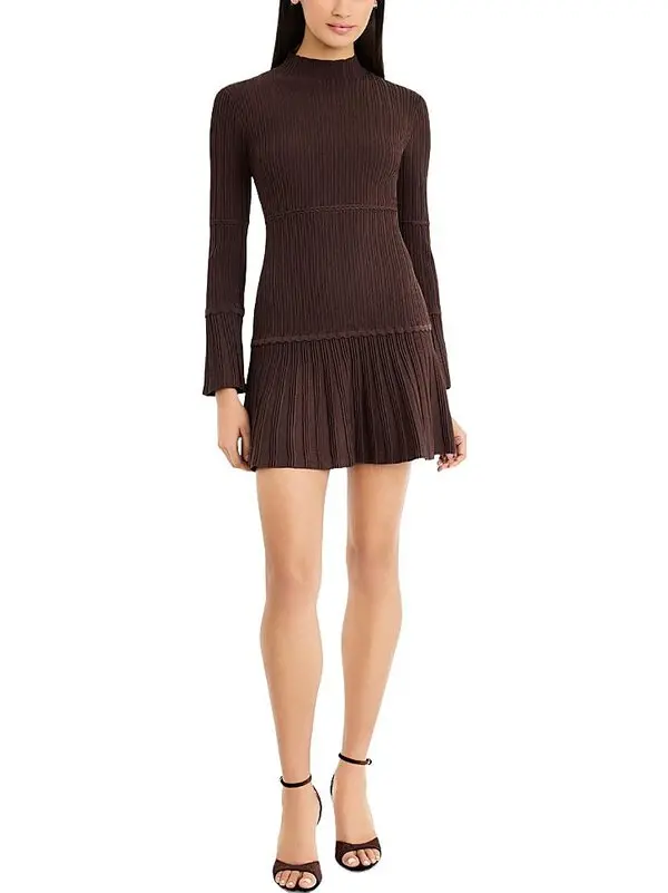 Maggy London Knit Mock Neck Long Sleeve Mini Fit And Flare Dress - Coffee