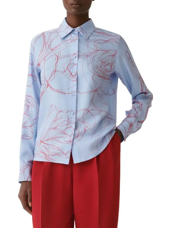 Fabiana Filippi Floral Print Pure Silk Shirt With French Collar - Gnawed Blue