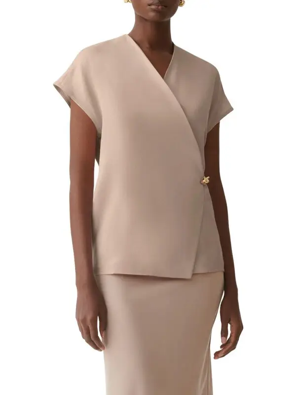 Fabiana Filippi Satin V-neck Wrap Top With Tie Closure - Coffee
